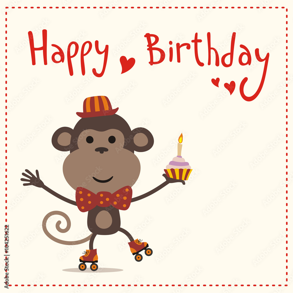 cute monkey with birthday cake, handwritten text, happy birthday card ...