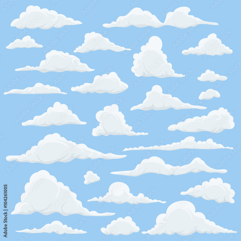 Cartoon Clouds Set On Blue Sky Background. Set of funny cartoon clouds ...