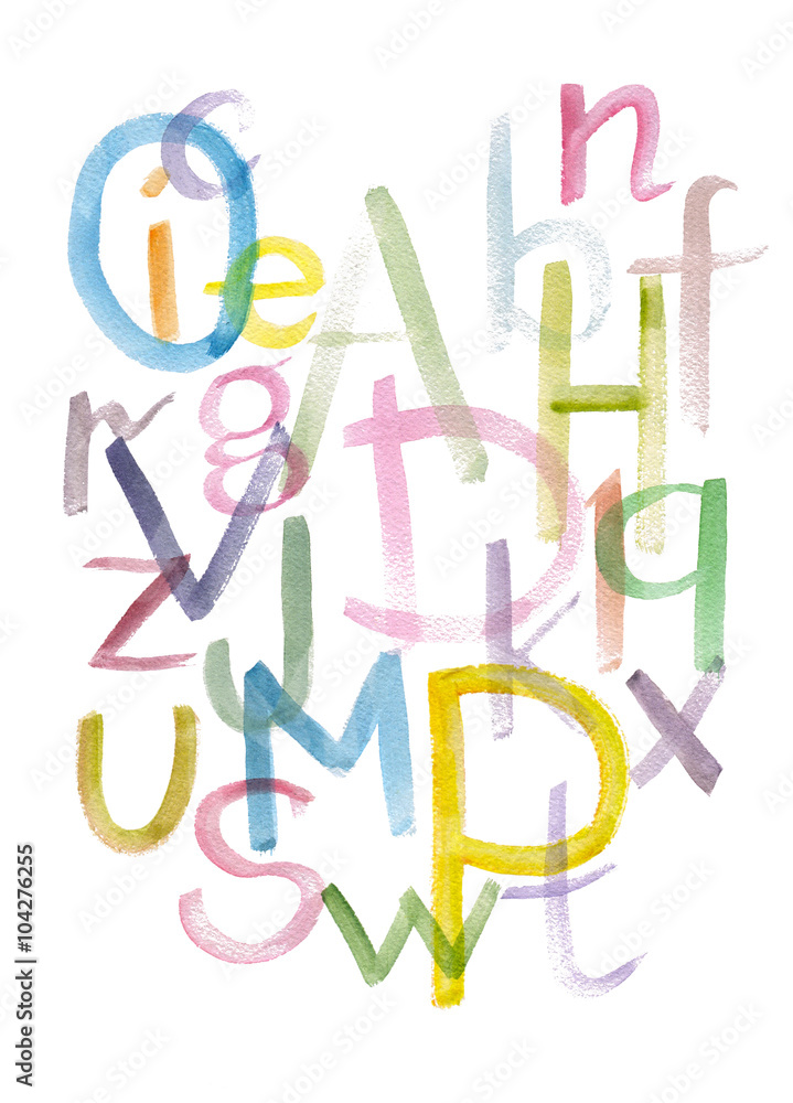 Hand drawn colorful watercolor alphabet calligraphic font. Watercolor ...