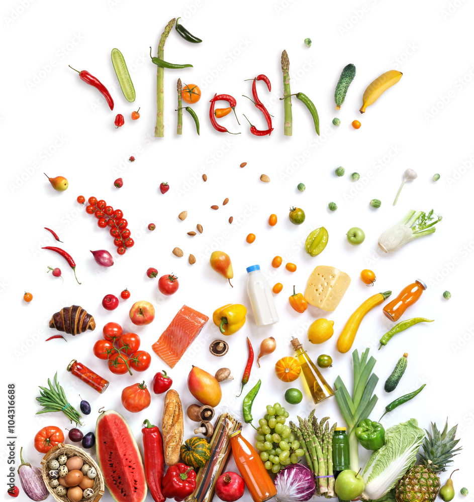 Organic food choice. Healthy food symbol represented by foods explosion ...