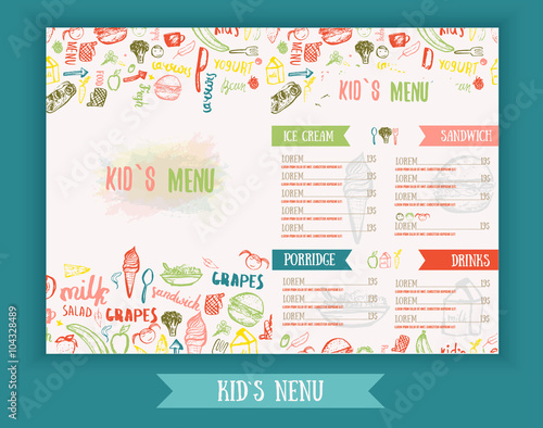 Kids menu Cute colorful hand drawn vector template. Kids menu design ...