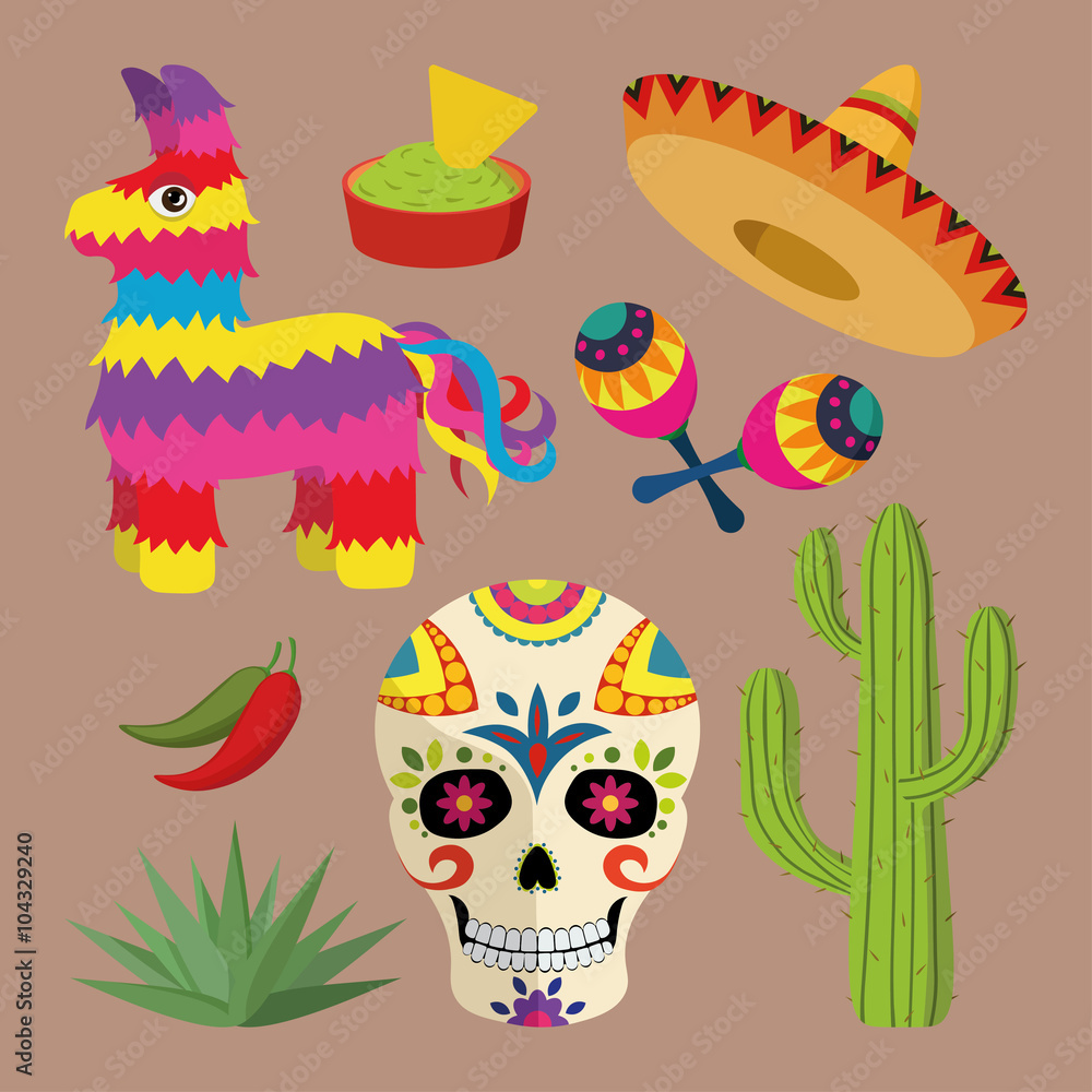 Mexico bright icon set with national mexican objects: sombrero, skull ...