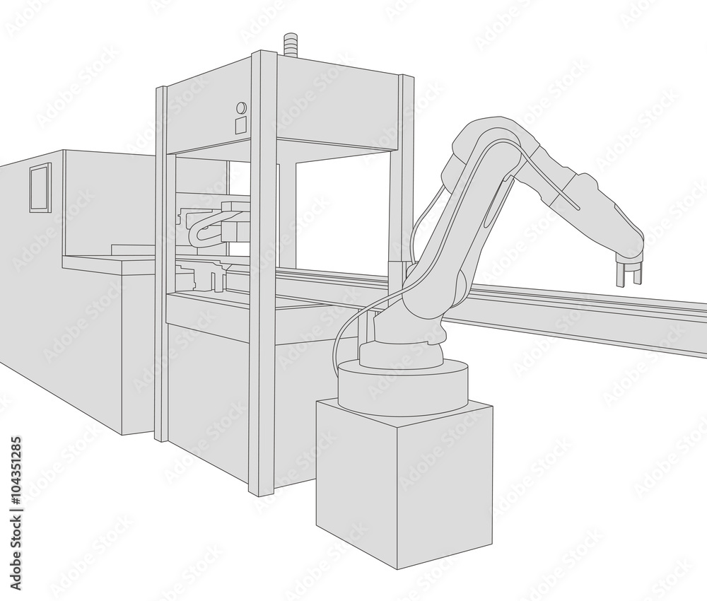 industrial machinery and robotic arm, factory automation, line drawing ...