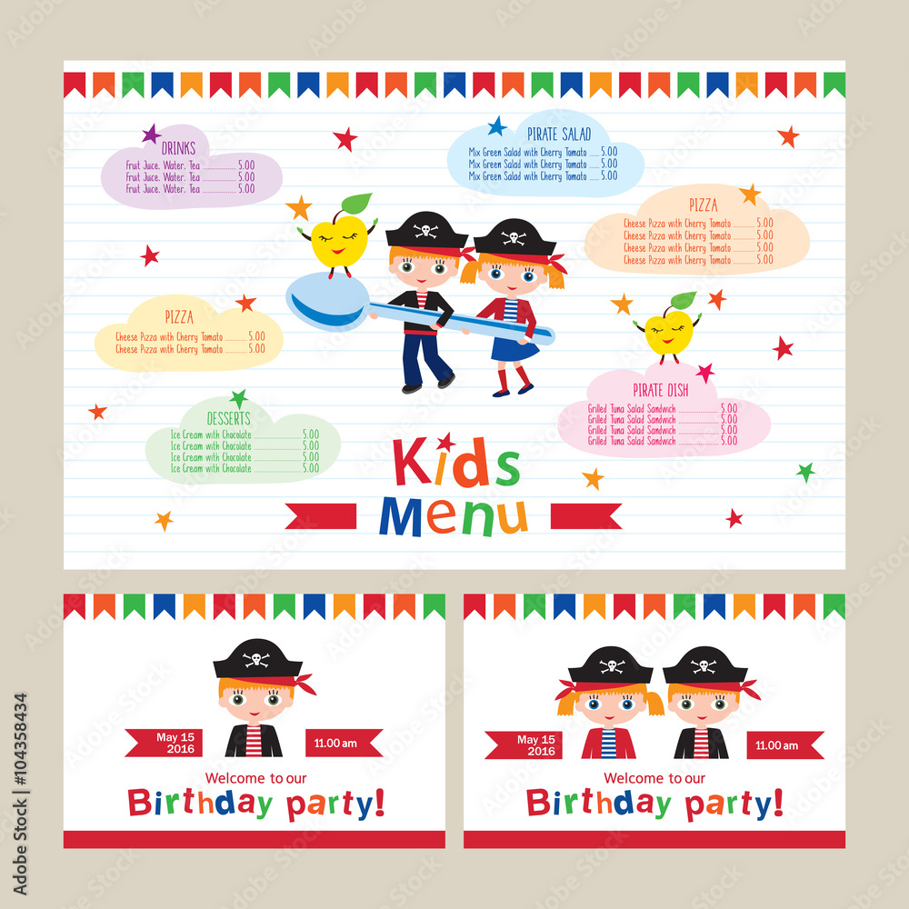 Kids menu vector template. Kids menu for a pirate birthday party ...