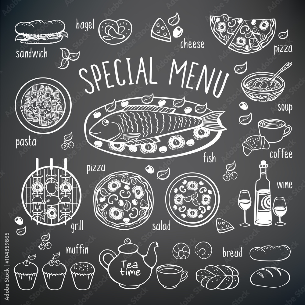 Big set of elements for restaurant, pizzeria, bakery, cafe menu. Hand ...