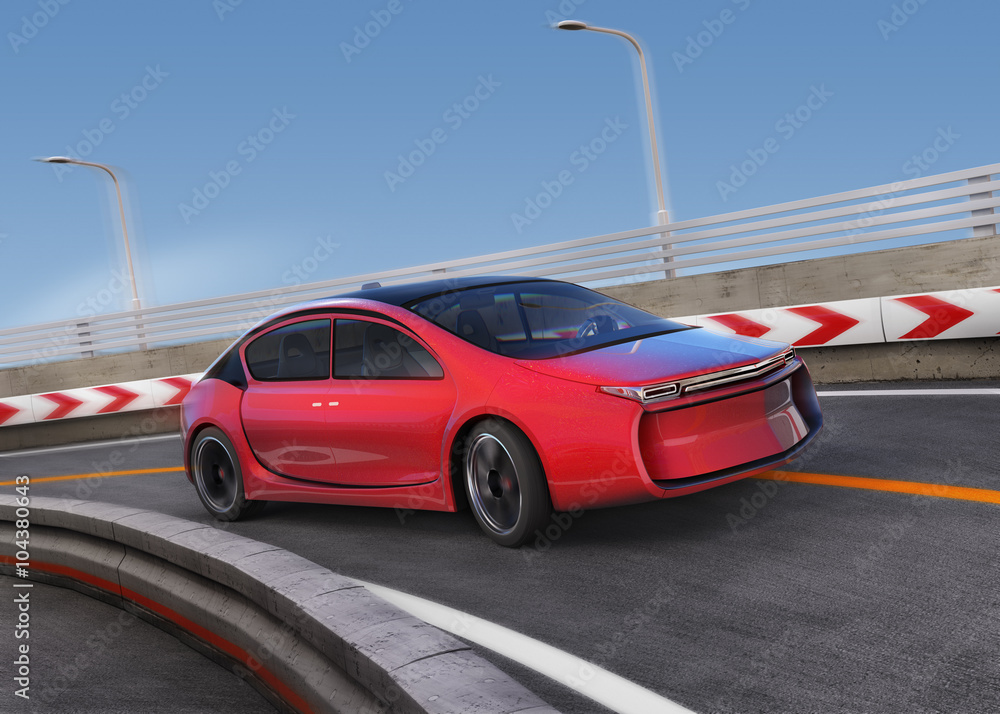Red electric car on highway with motion blur background. 3D rendering ...