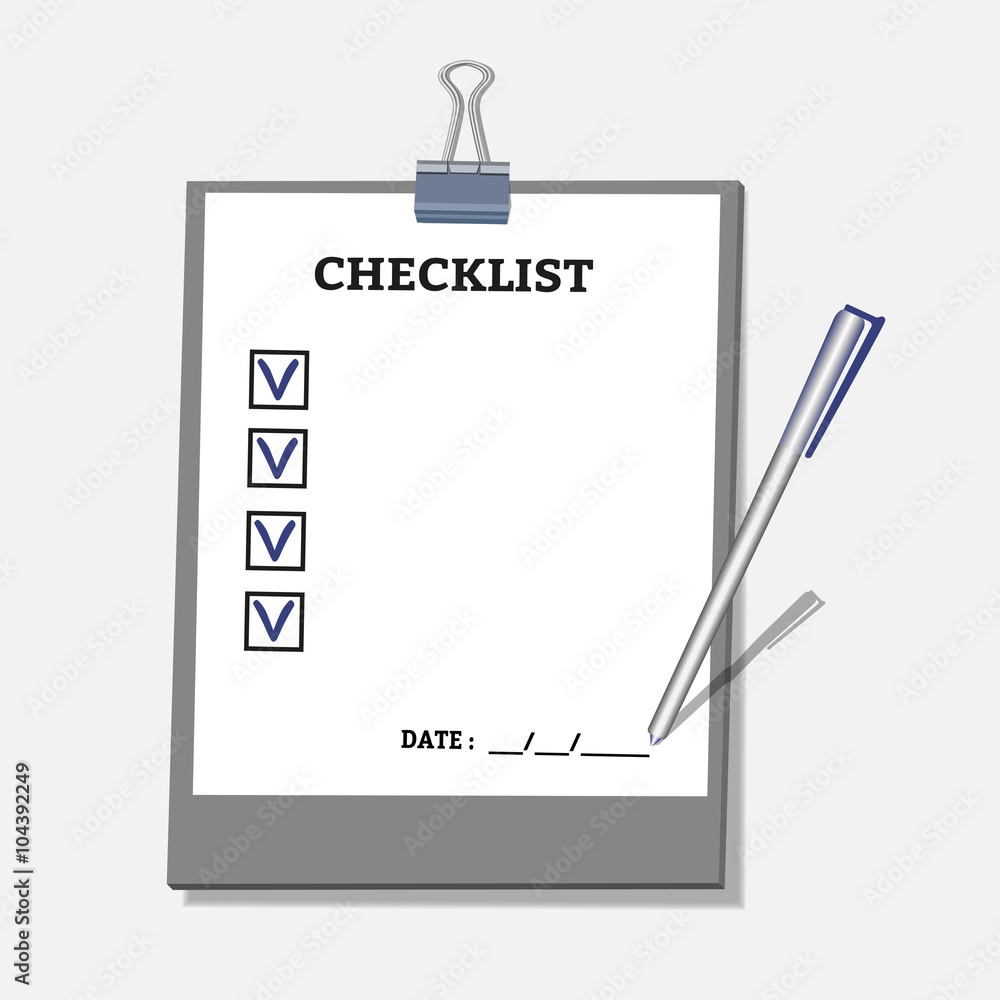 Flat identity mock-up of Checklist with points, clamp, pencil. Business ...