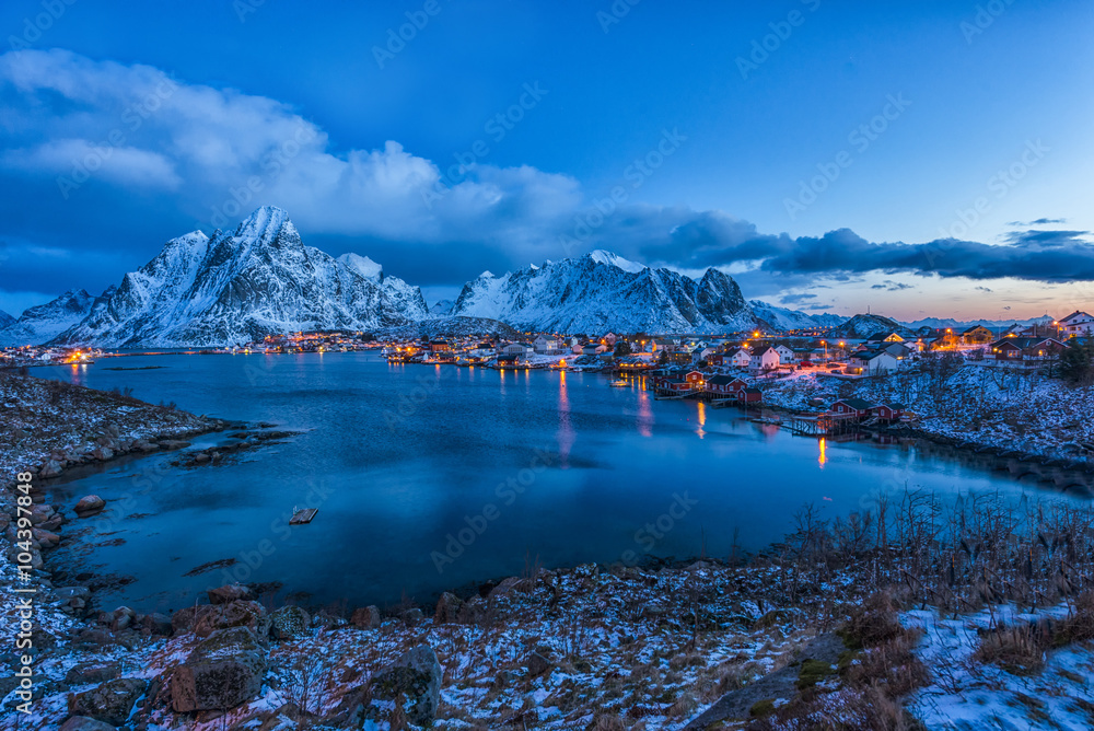 Norway, Lofoten, town of Reine at blue hour ภาพถ่ายสต็อก | Adobe Stock