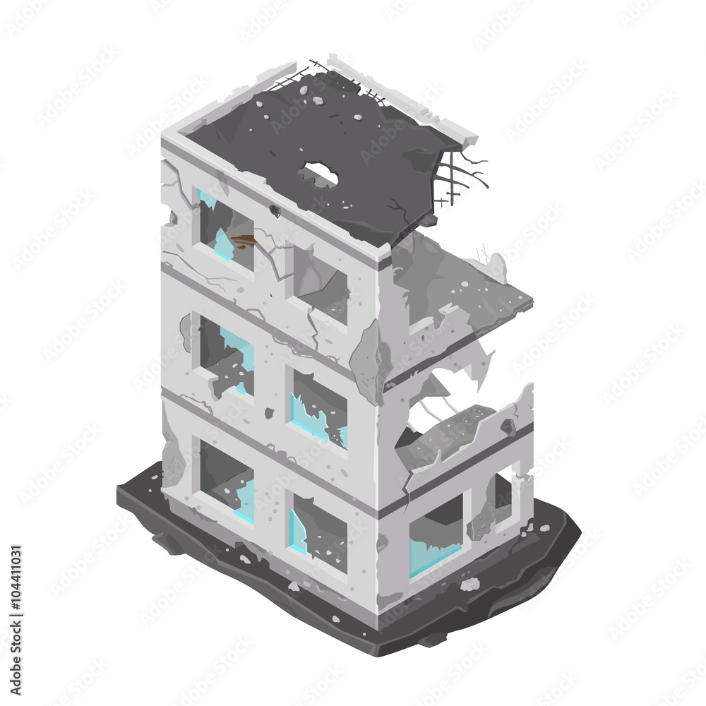 A vector illustration of a damaged building icon. Isometric building ...