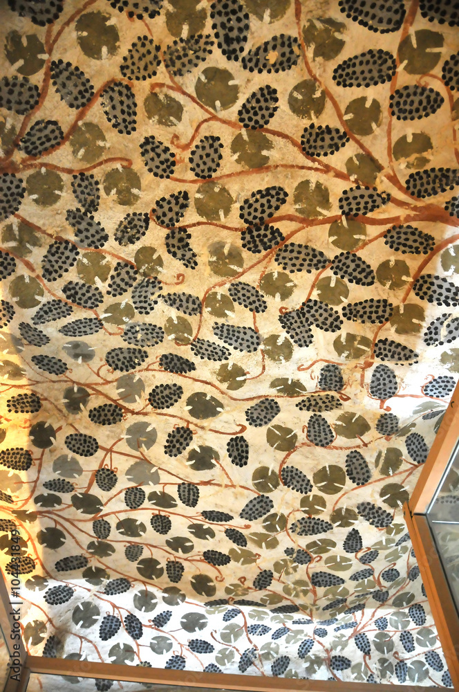 painted ceiling depicting grapes in the Tombs of the Nobles from ...