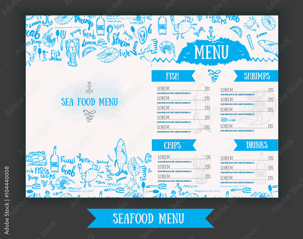 Vector modern seafood menu design. Hand drawn seafood menu. Great for ...