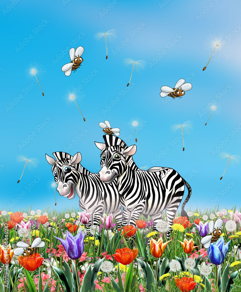 Spring scene poster, happy couple zebras walking in Spring sun day ...
