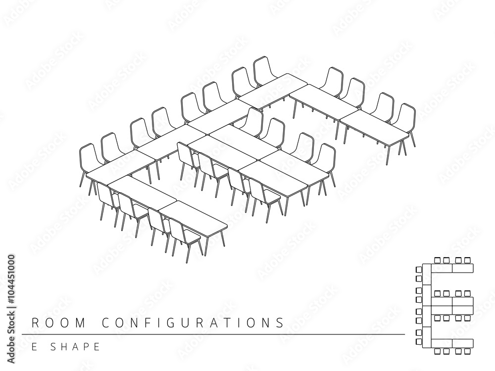 Meeting room setup layout configuration E Shape isometric style ...