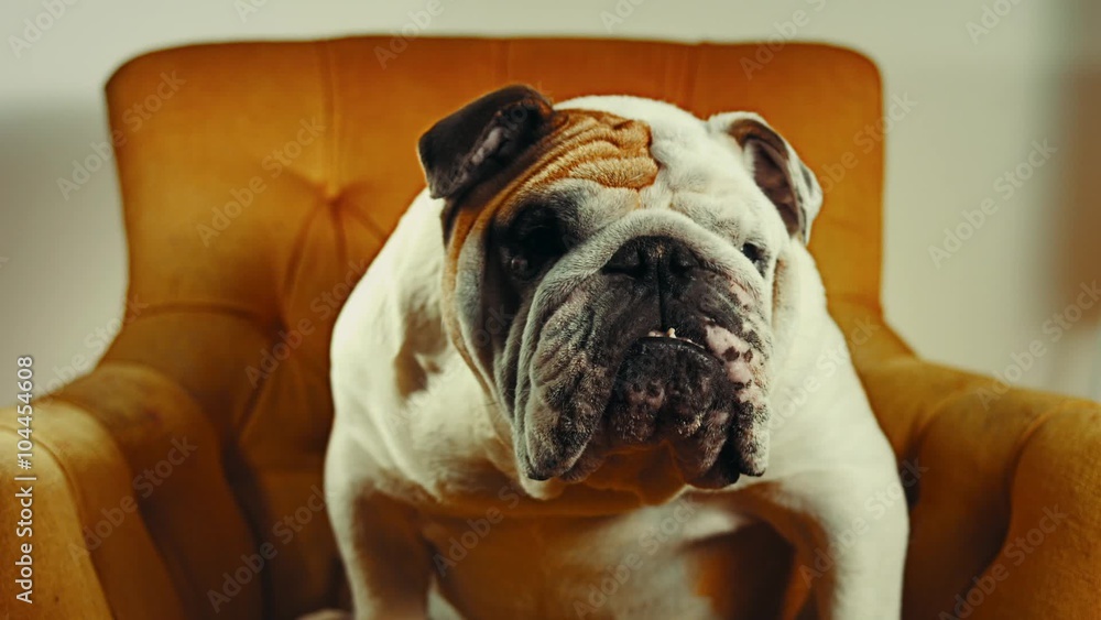 English Bulldog sitting in a chair Stock Video | Adobe Stock