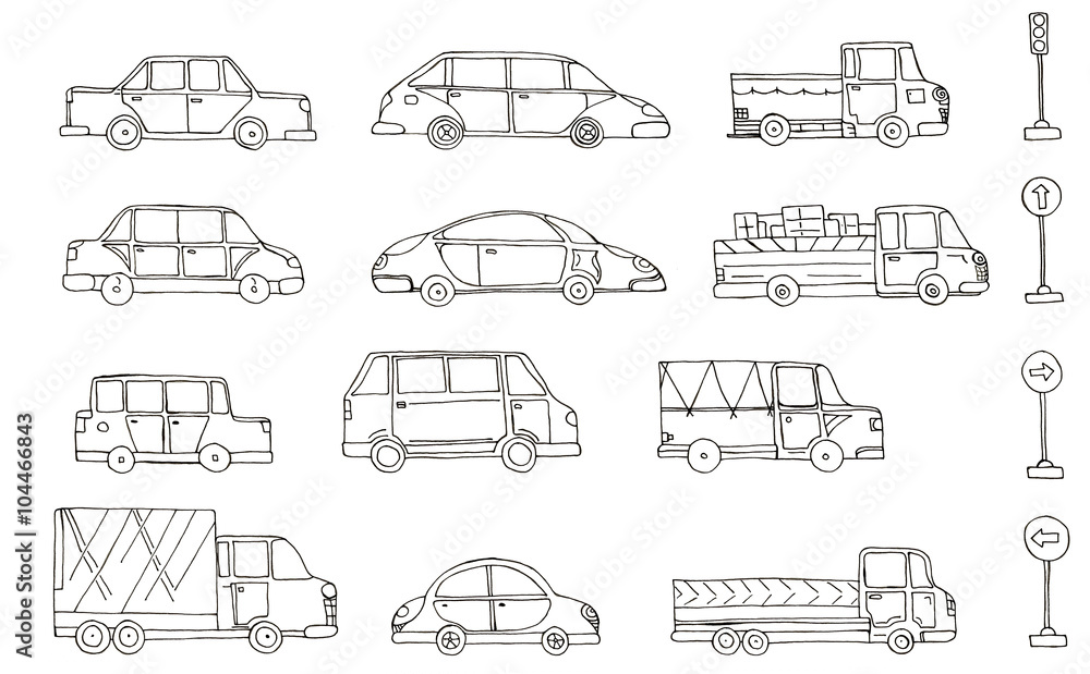 Cartoon hand drawing cars with traffic lights and road signs set ...