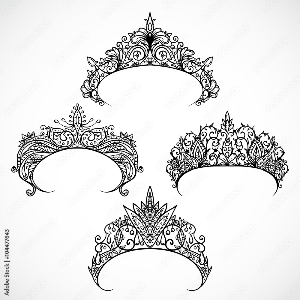 Collection of tiaras. Vintage hand drawn black and white vector ...