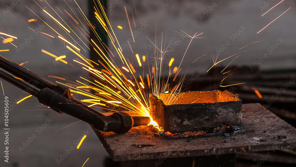Metal cutting, steel cutting with acetylene torch, industrial wo Stock ...