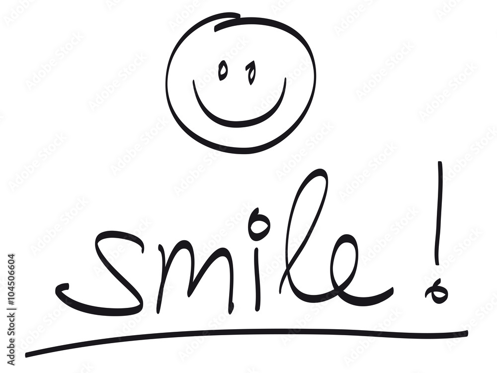Handschrift: „smile!“ Mit Handgezeichnetem Smiley / Schwarz-weiß ...