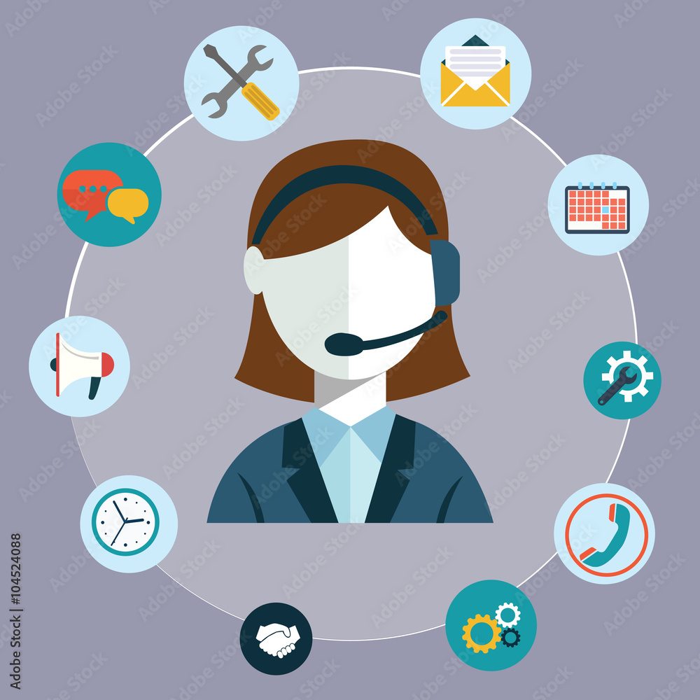 Business customer care service concept flat icons set of contact us ...
