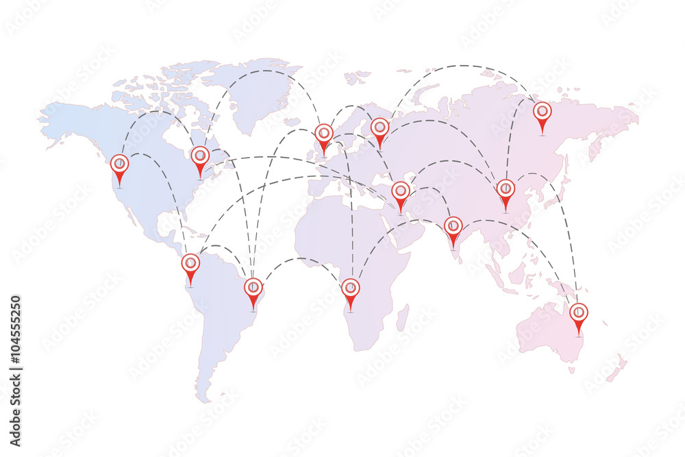 Air routes between cities with red pins on the world map Stock Vector ...