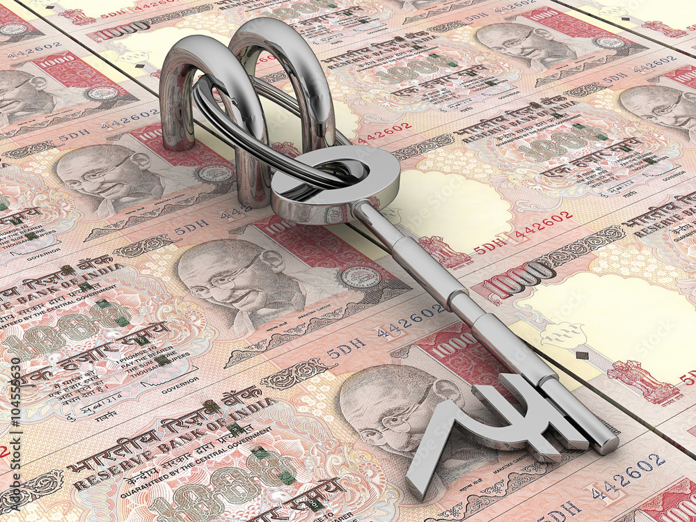 Key to Financial Success, Locked Indian Rupee symbol key on Indian ...