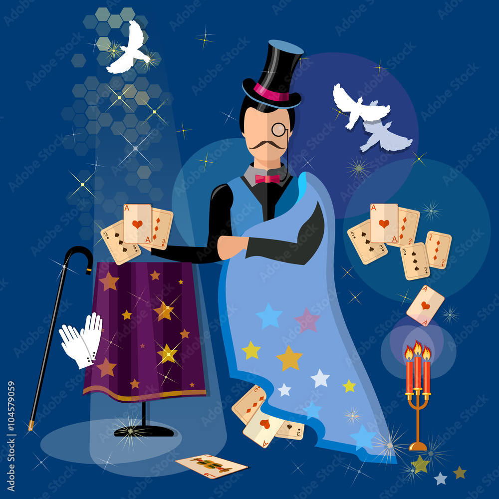 Illusionist magician shows tricks magic cards vector de Stock | Adobe Stock
