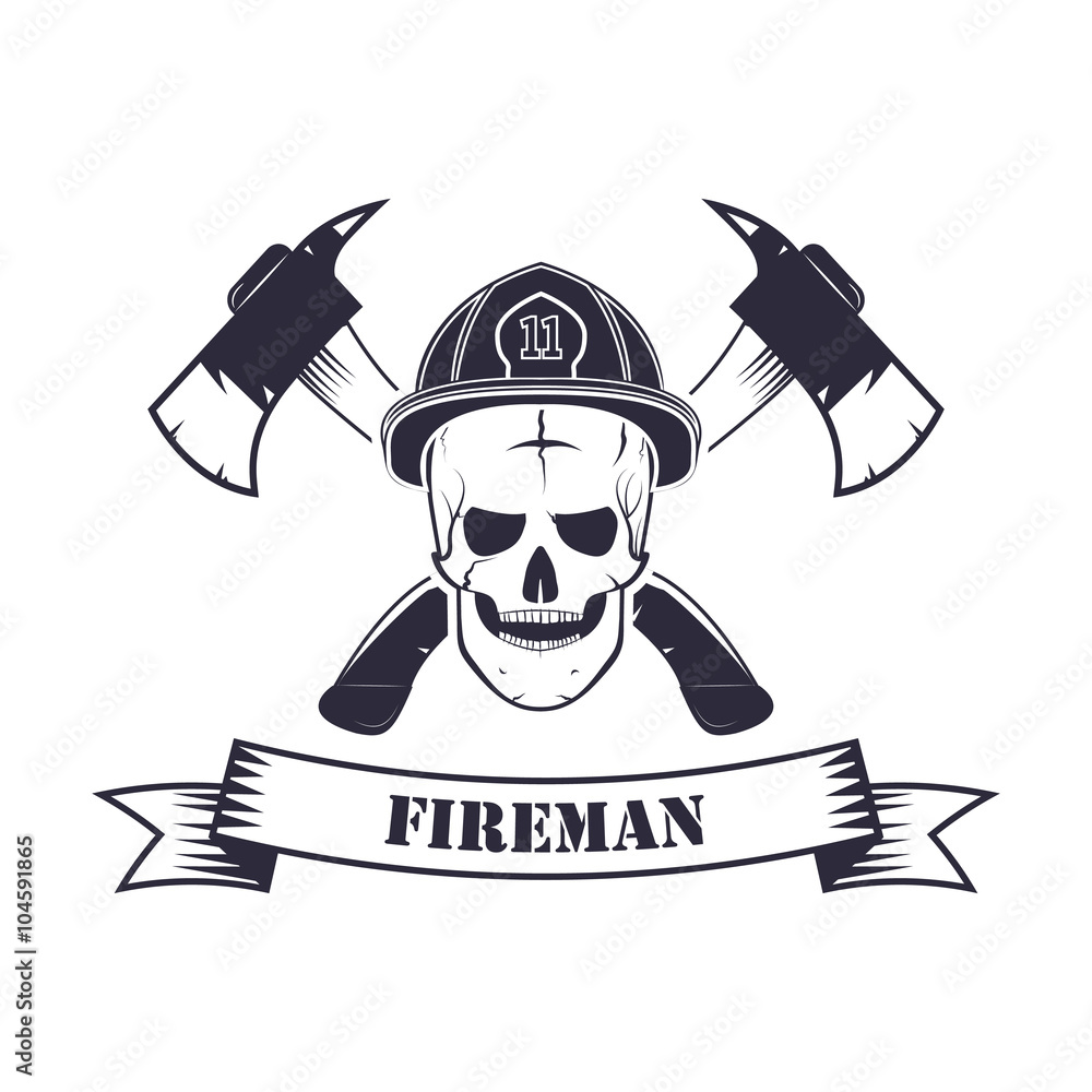 firefighter emblems, skull in fire helme, labels, badges and logos on ...