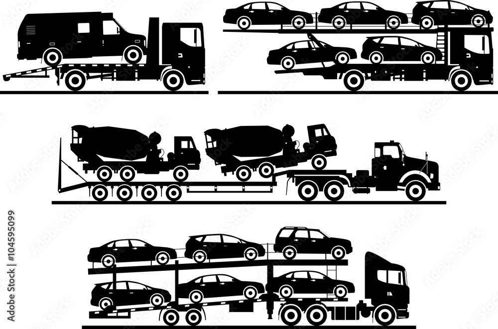 Set of different silhouettes auto transporters isolated on white ...