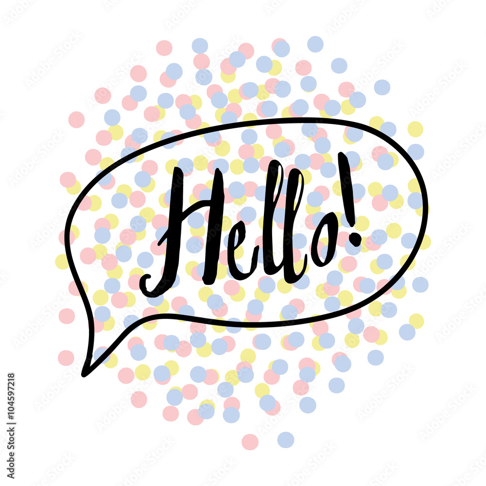 Print for tee shirt with message Hello in a bubble. Pastel colors dots ...