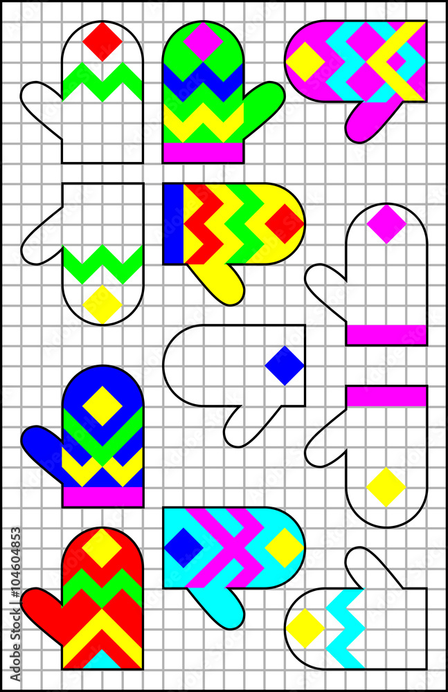 Logic puzzle on a square paper. Find the pair for each mitten and paint ...