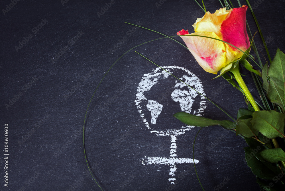 Rose and a chalk drawn female sign with earth globe on a blackboard ...