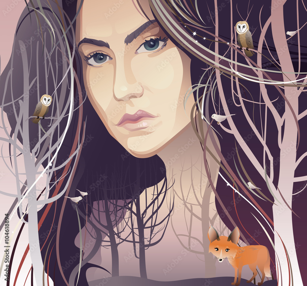 Beautiful Young Woman in Forest - vector illustration. Female Face ...
