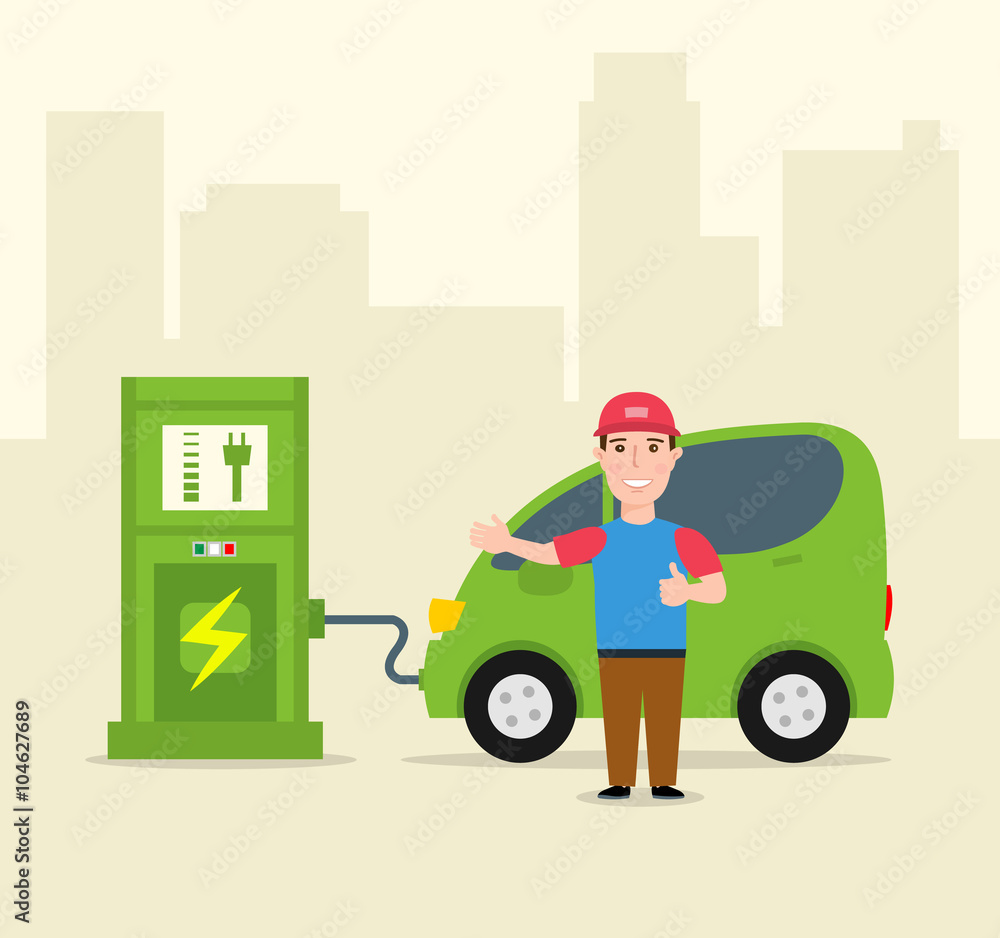 electric car concept illustration, young man charging his electric car ...