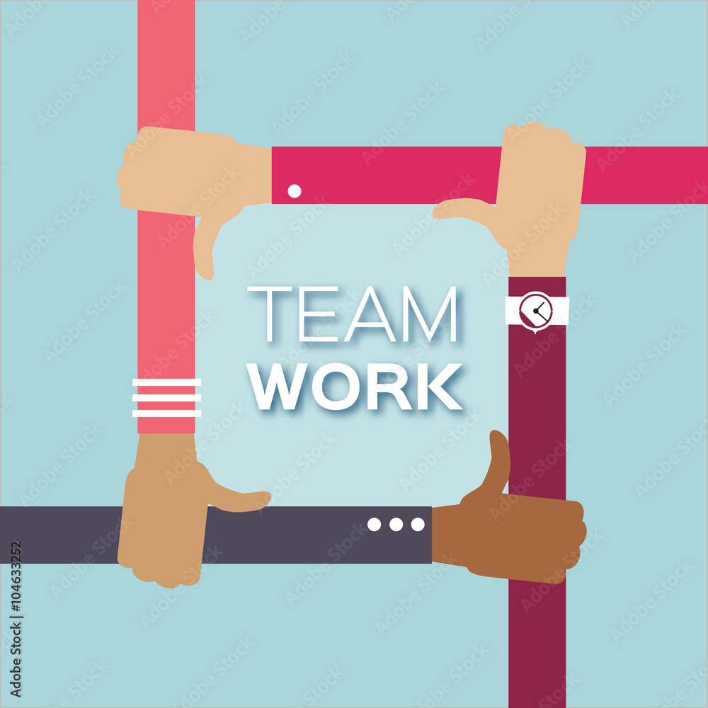 Four hands together team work. Hands of different colors, cultural and ...