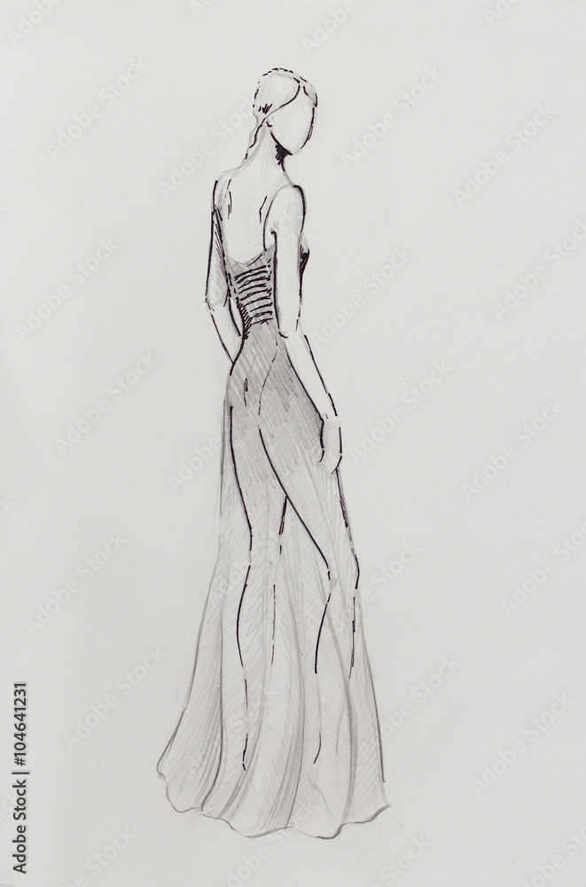 Standing figure woman, pencil sketch on paper. Stock Illustration ...