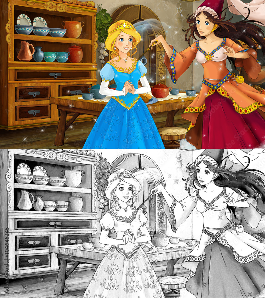 Cartoon scene with poor girl and princess sorceress - with coloring ...