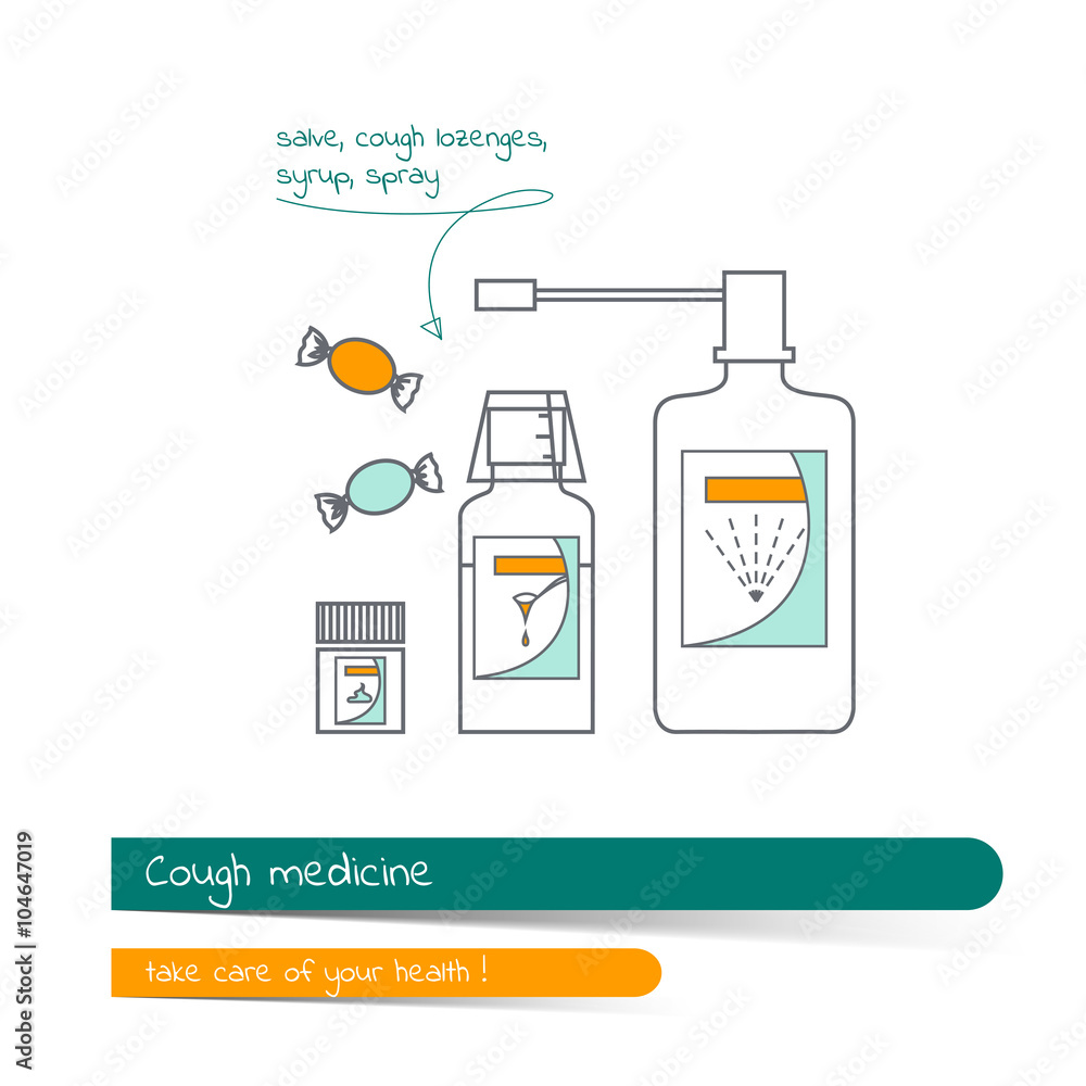 Flat line icon set of cough remedies. Card contains banner for text ...