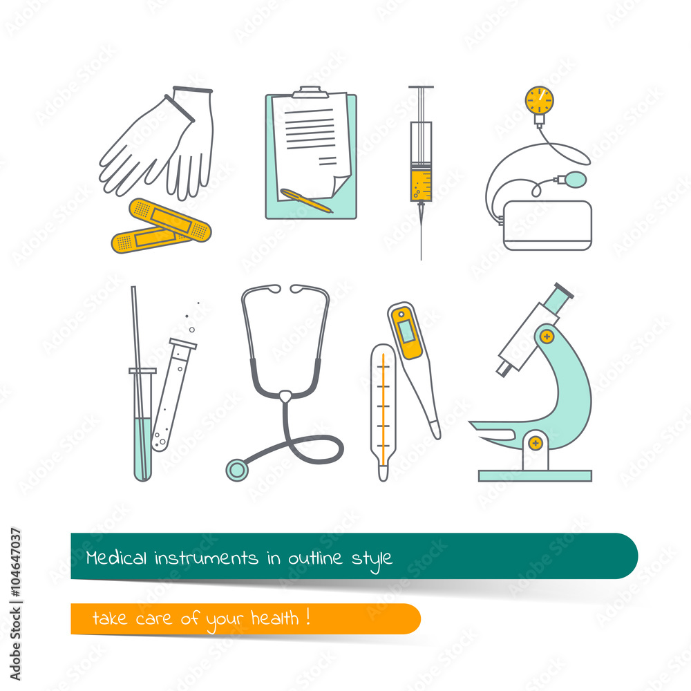 Flat line icon set of medical instruments. Card contains banner for ...