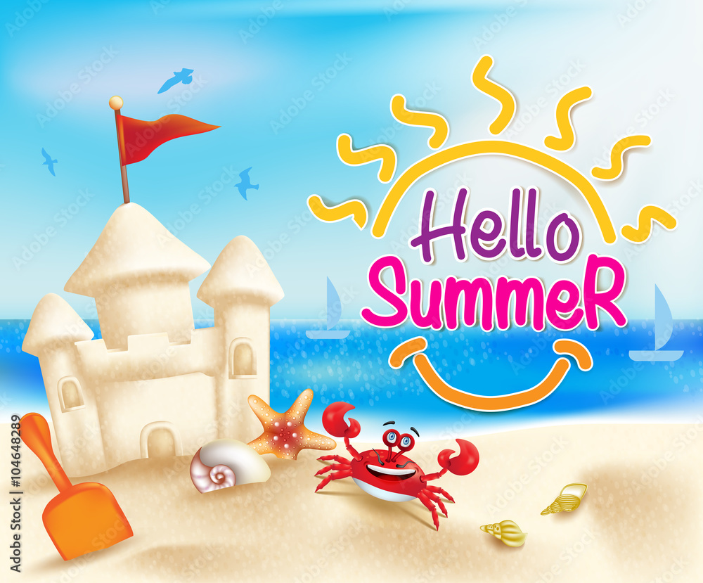Hello Summer Beach in a Bright Blue Sky with Sandcastle and Sea Shells ...