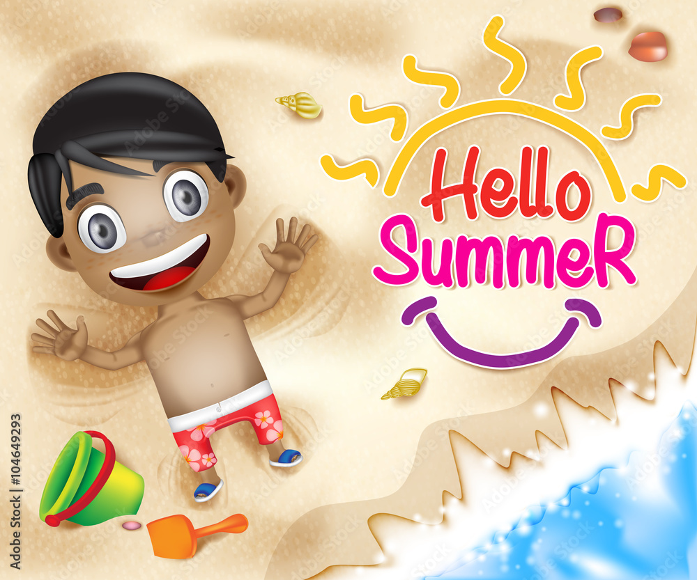 Hello Summer Happy Kid Happy Playing in Beach Sand Background with a ...
