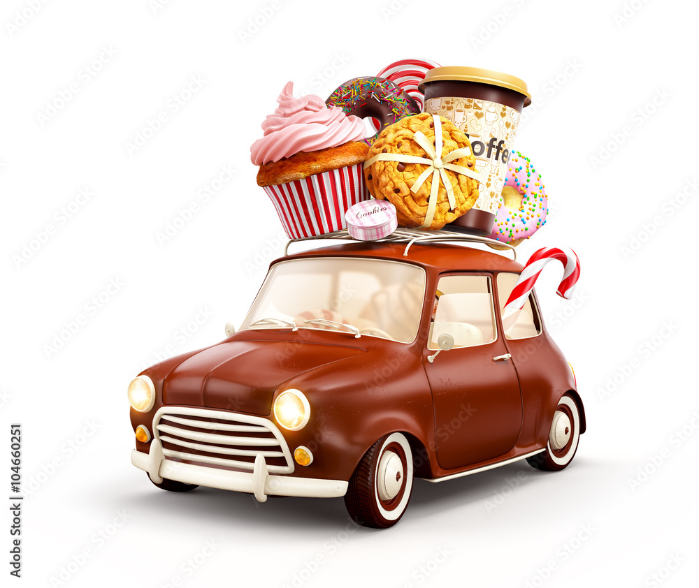 Cute fantastic chocolade car with sweets and coffee on top. Stock ...