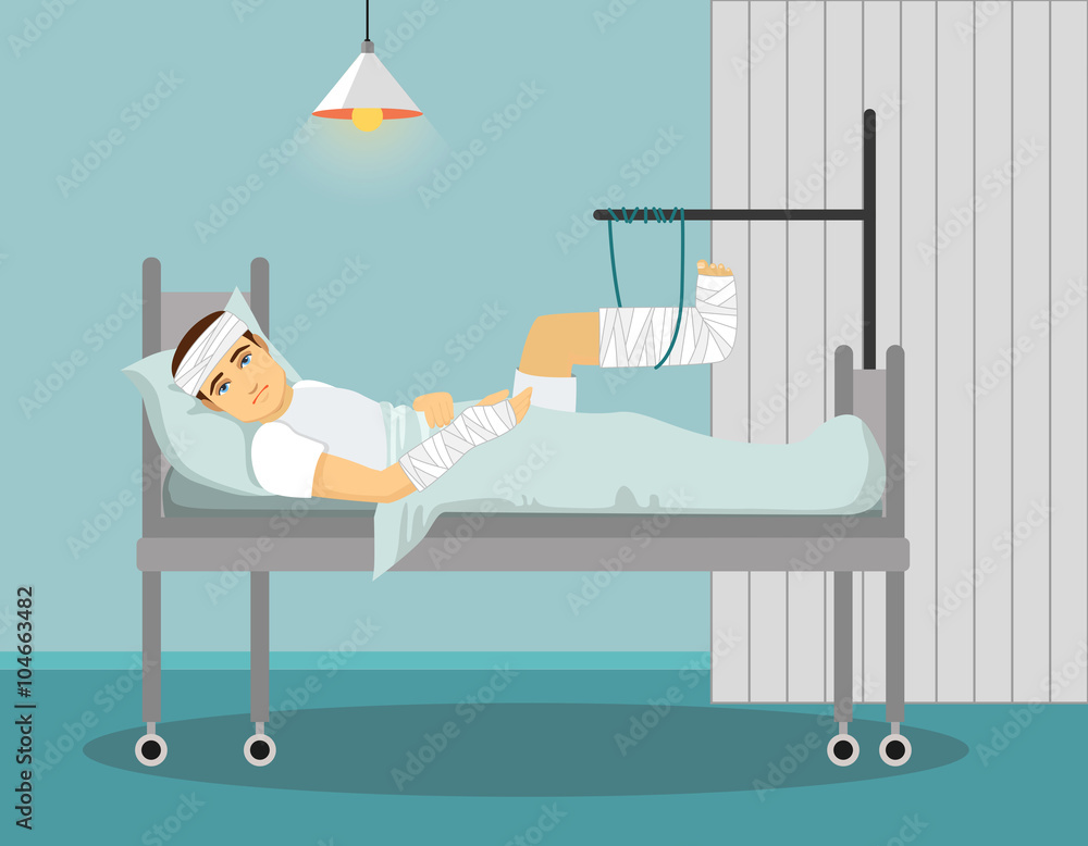 Man with broken leg and hand in Hospital. Vector illustration. Stock ...