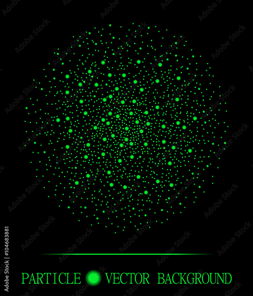 Abstract shpere of green glowing light particles space black background ...