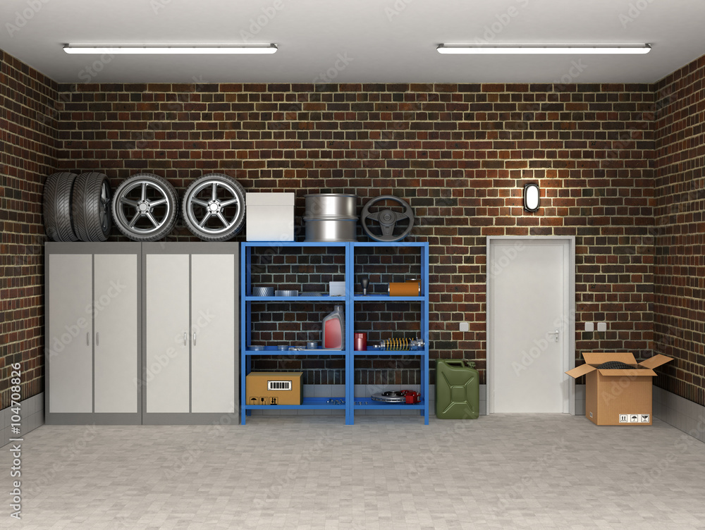 The interior suburban garage with wheels and boxes. Stock Illustration ...