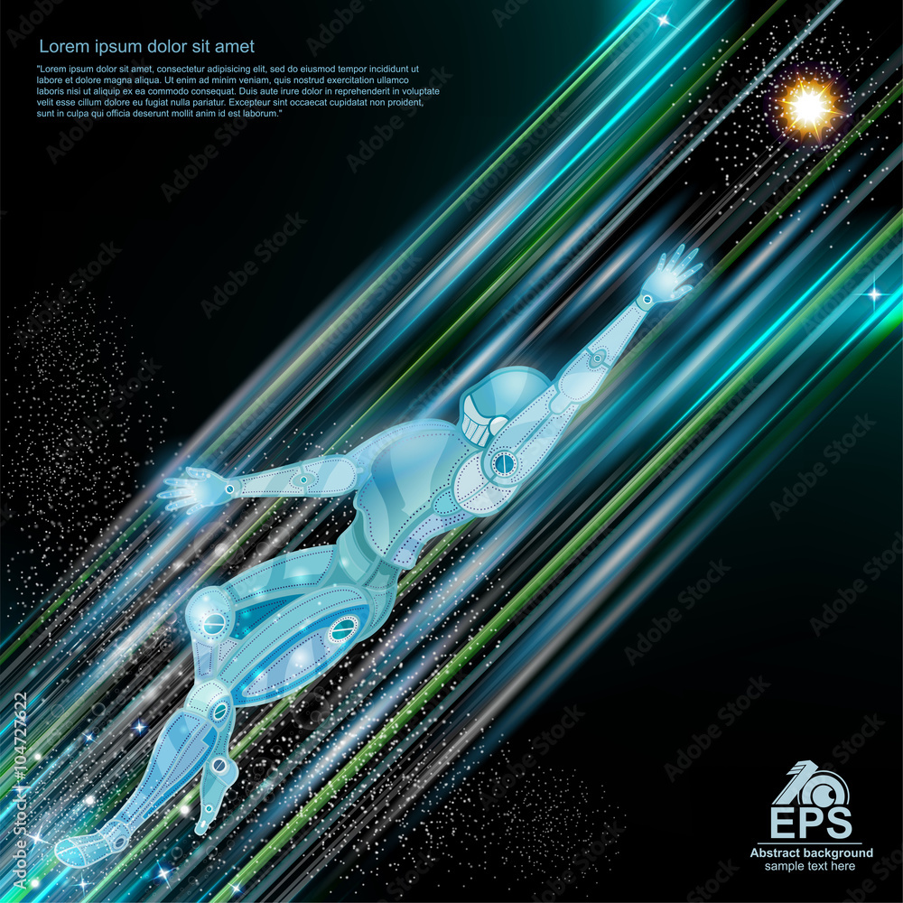 Cyborg robot flying with light trails and motion blur on space ...