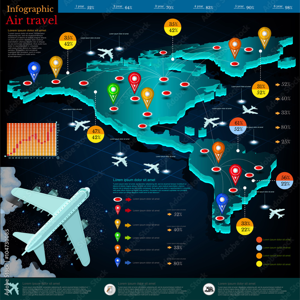 Flight map of planes with point destination. Part of world map America ...