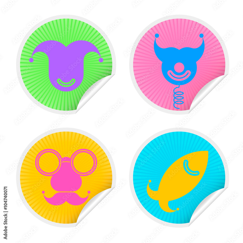 Colorful four sticker set with Fools Day Symbols . Vector illustration ...
