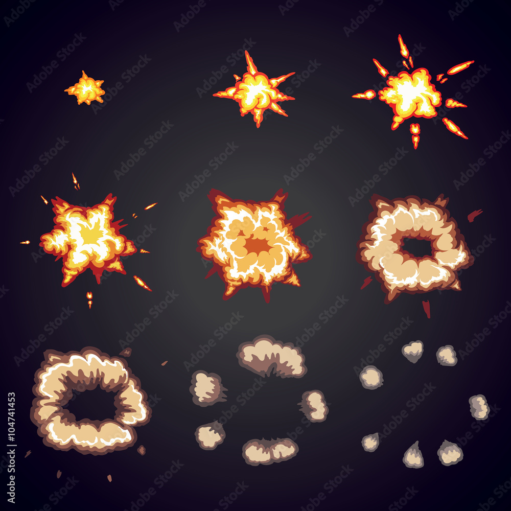 Explode effect animation. Cartoon bang explosion frames Stock Vector ...