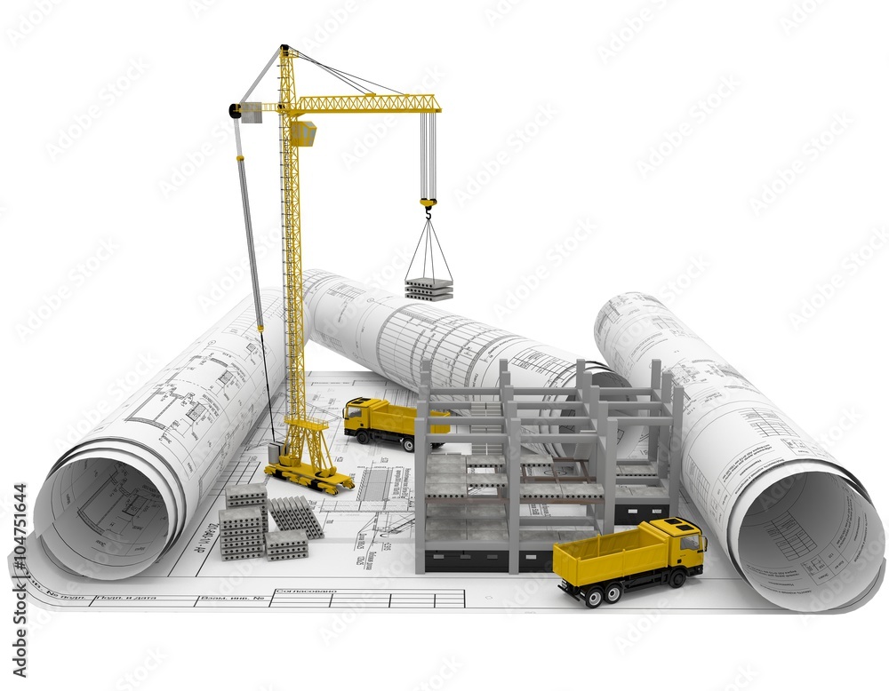 Rolls architectural drawings with construction equipment and new ...