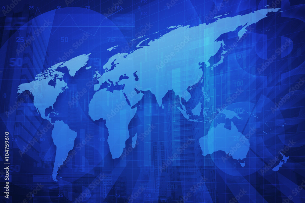 World map over financial graph and city tower background, Elemen Stock ...